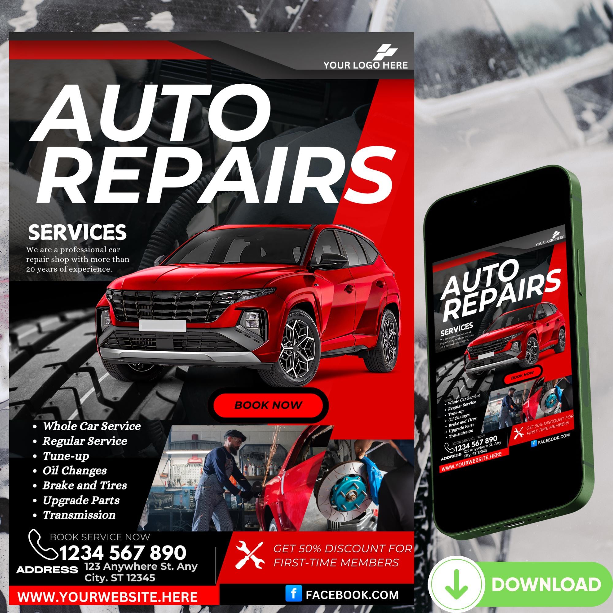 Car Repair Service Flyer Template: Auto Shop Social Media (canva, Word ...
