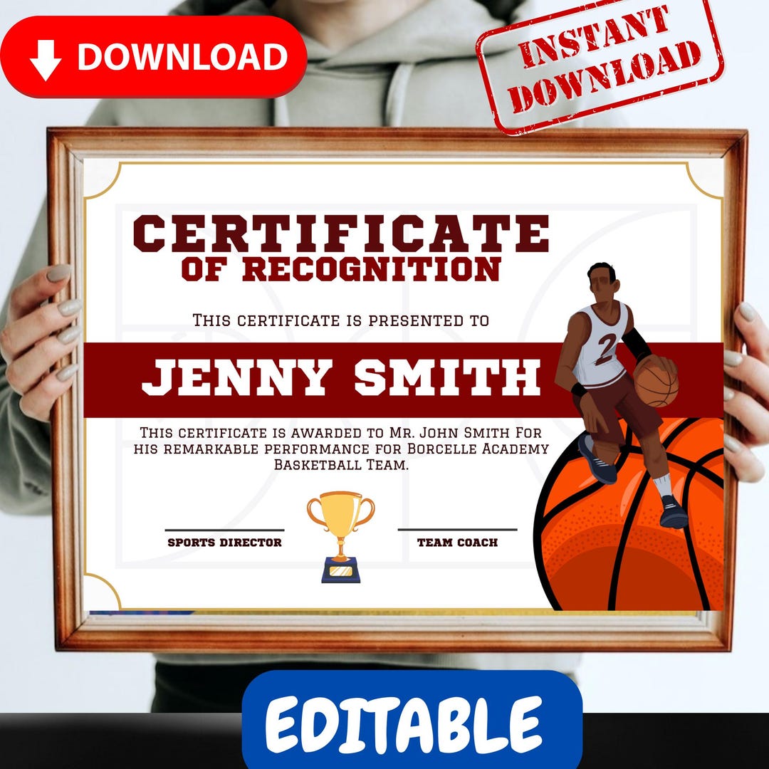 Basketball Award Certificate /end of Season Basketball Award /sport ...