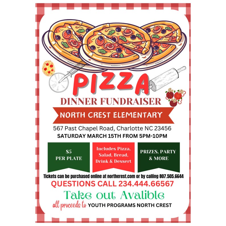 Editable Pizza Dinner Fundraiser Flyer: School PTA PTO (digital ...