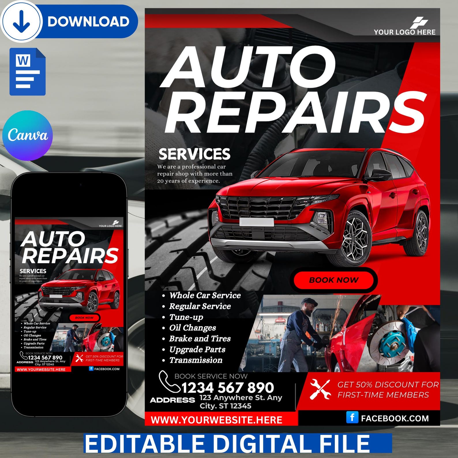 Car Repair Service Flyer Template: Auto Shop Social Media (canva, Word ...