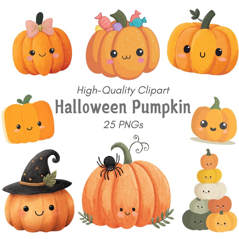 Pumpkin Clipart, Halloween Digital Stickers, Download 25 Pngs, Kawaii ...