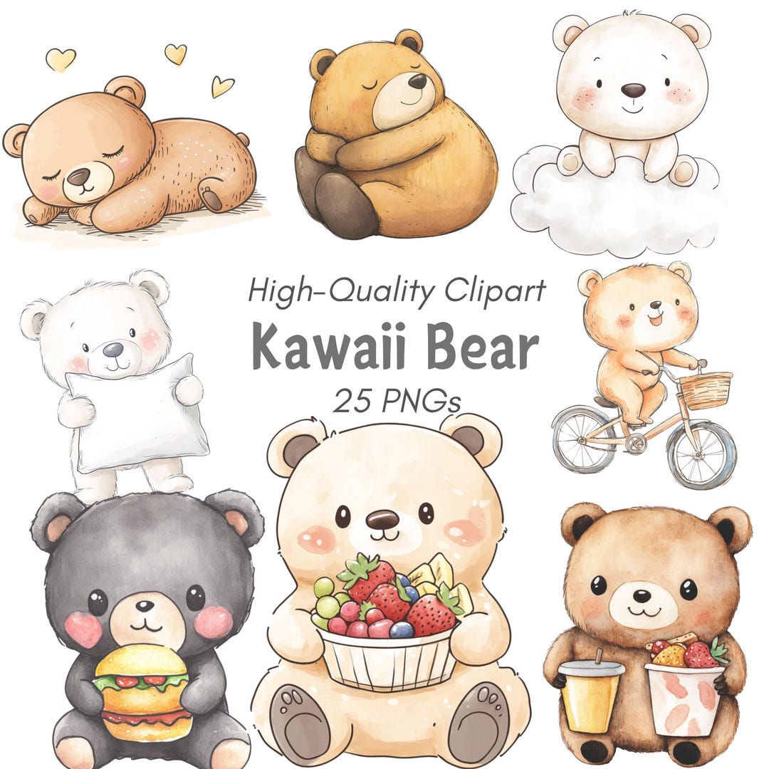 Kawaii Bear Clipart, Cute Bear Clipart, Kawaii Digital Sticker, Cute ...