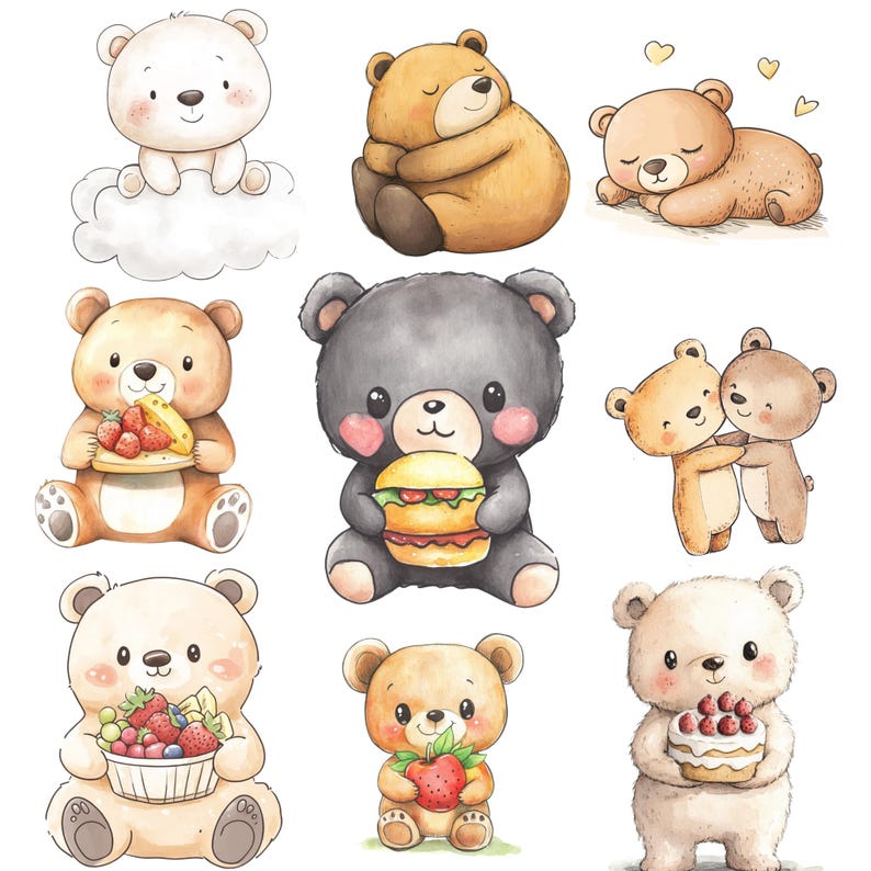 Kawaii Bear Clipart, Cute Bear Clipart, Kawaii Digital Sticker, Cute ...