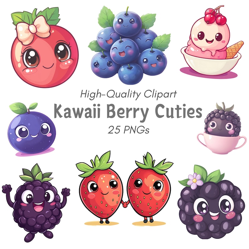 Kawaii Berry Clipart, Fruit Clipart, Blueberry Clip Art, Cute ...