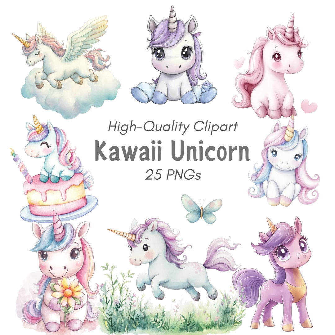 Kawaii Unicorn Clipart, Cute Unicorn Clipart, Kawaii Digital Sticker ...
