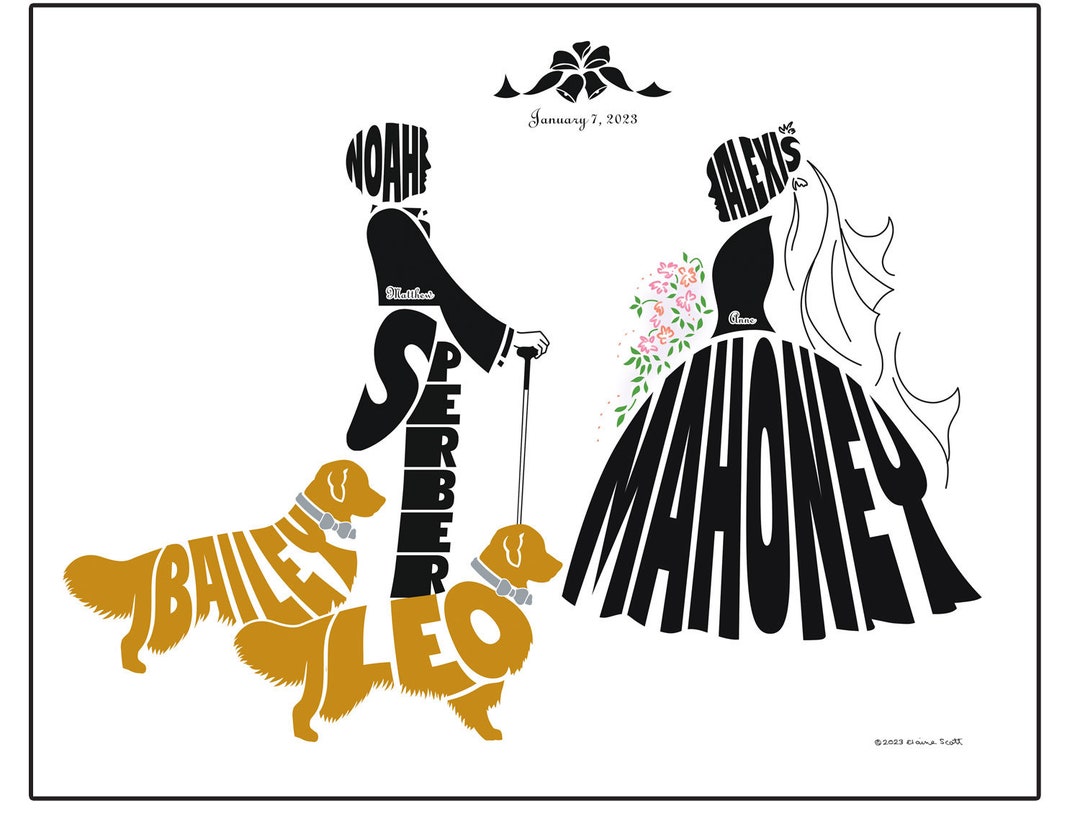 Personalized Bride and Groom With 2 Golden Retrievers Silhouette Print ...
