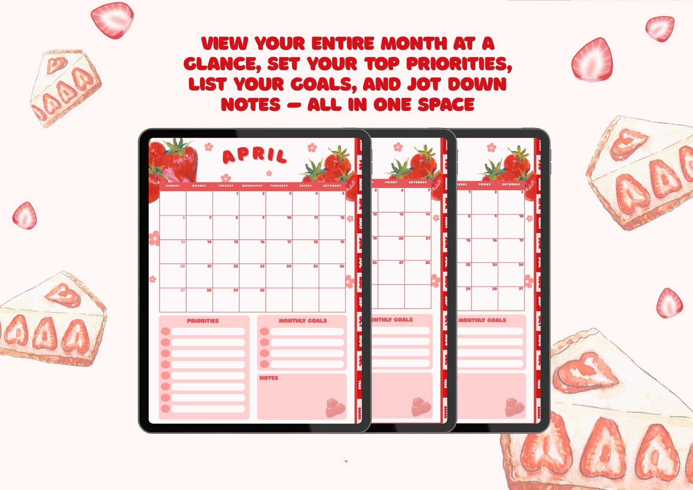 Strawberry Themed Digital Planner 2025 - 2026 | Pink Themed Planner ...