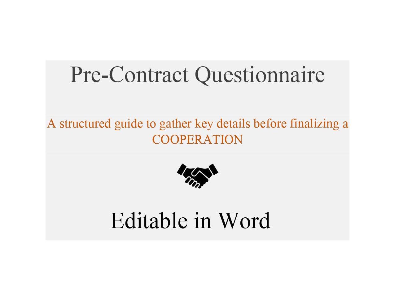 Pre-contract Questionnaire; Business Contract Template; Editable Legal ...