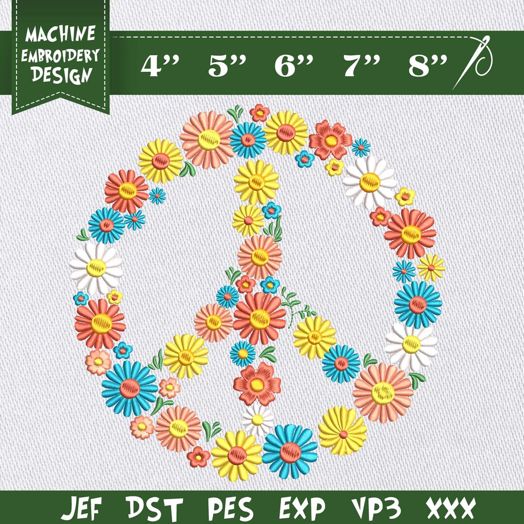 Embroidery Design File: Floral Peace Embroidery, Boho Hippie Embroidery ...