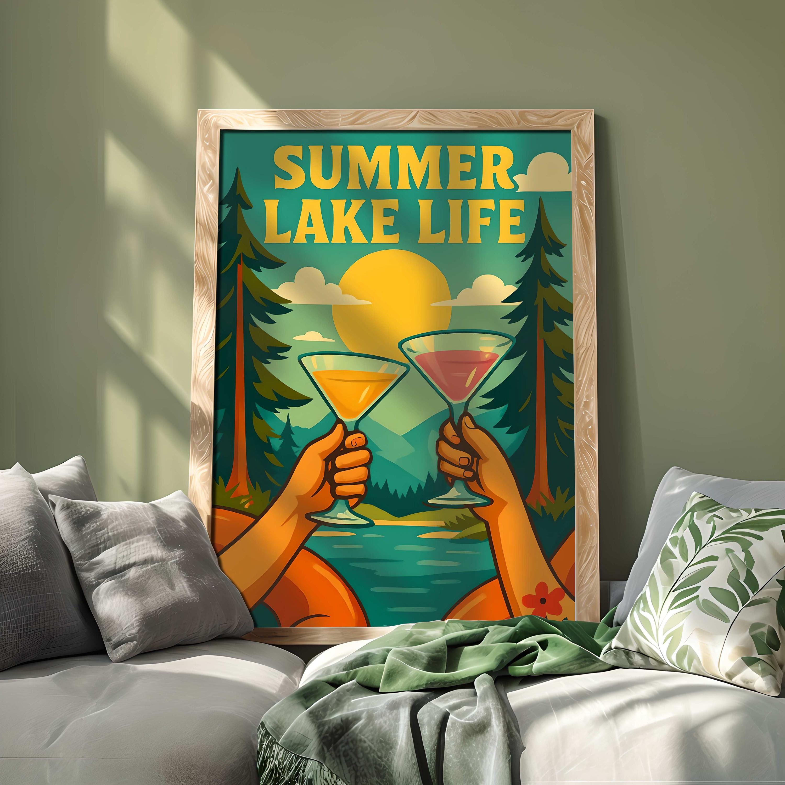 Summer Lake Life Wall Art, Retro Lake Poster, Vacation Cocktail Print ...