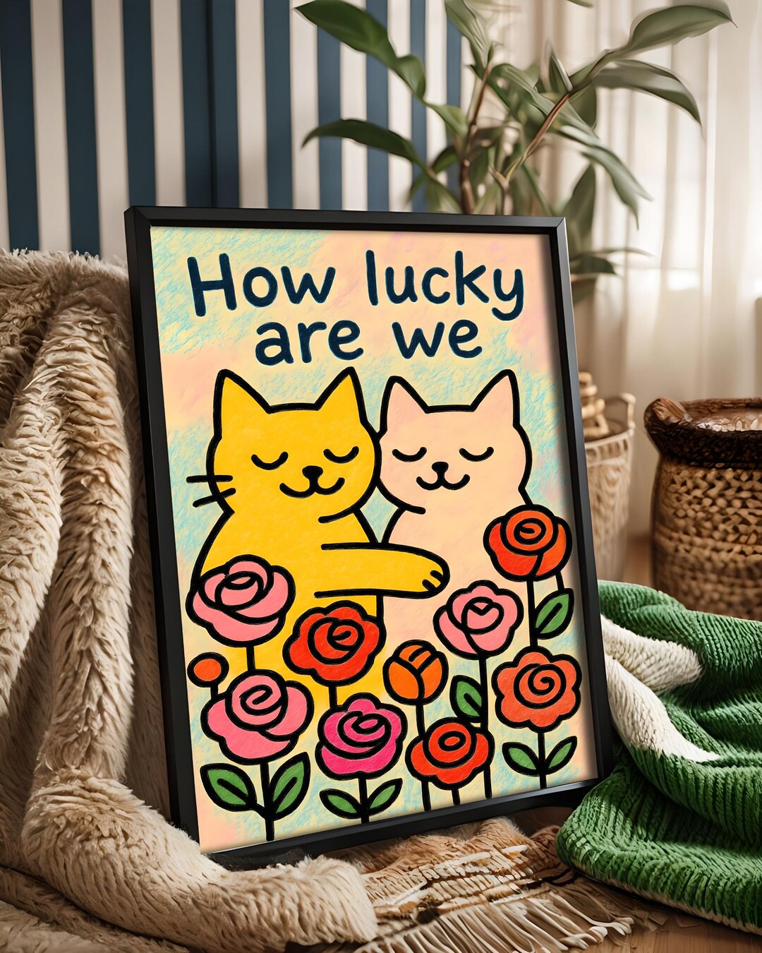Cat Art Print, How Lucky Are We Cat Wall Art | Cute Couple Poster ...