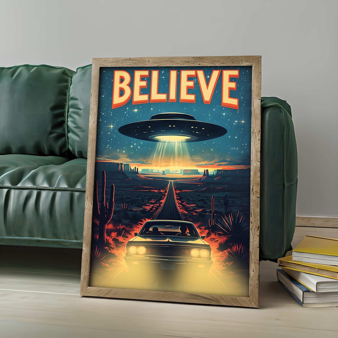 Retro Alien Abduction Poster - Desert Night Scene Decor, Digital ...