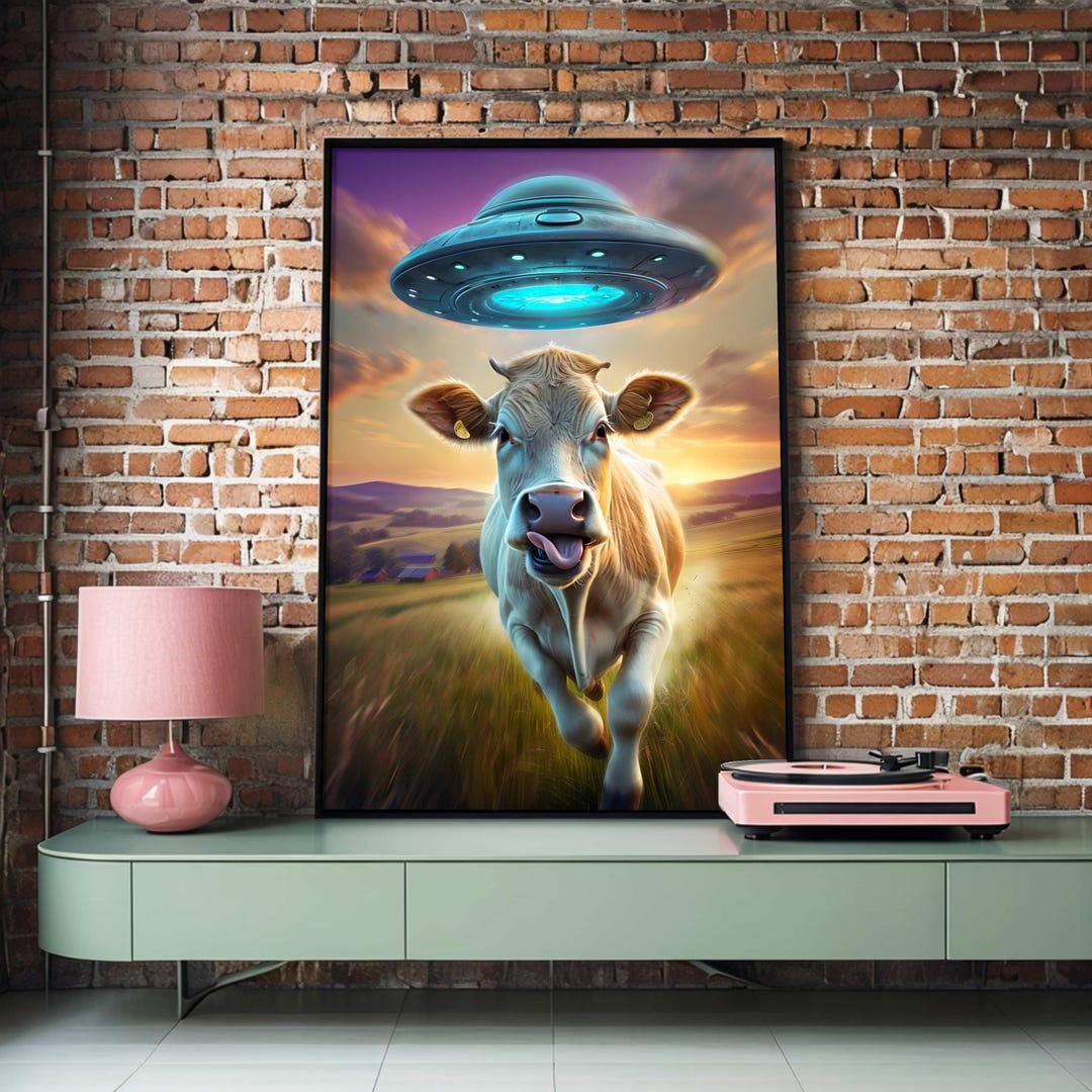 UFO Chasing a Panic Cow, Digital PNG - Scared Animal Clipart, UFO ...