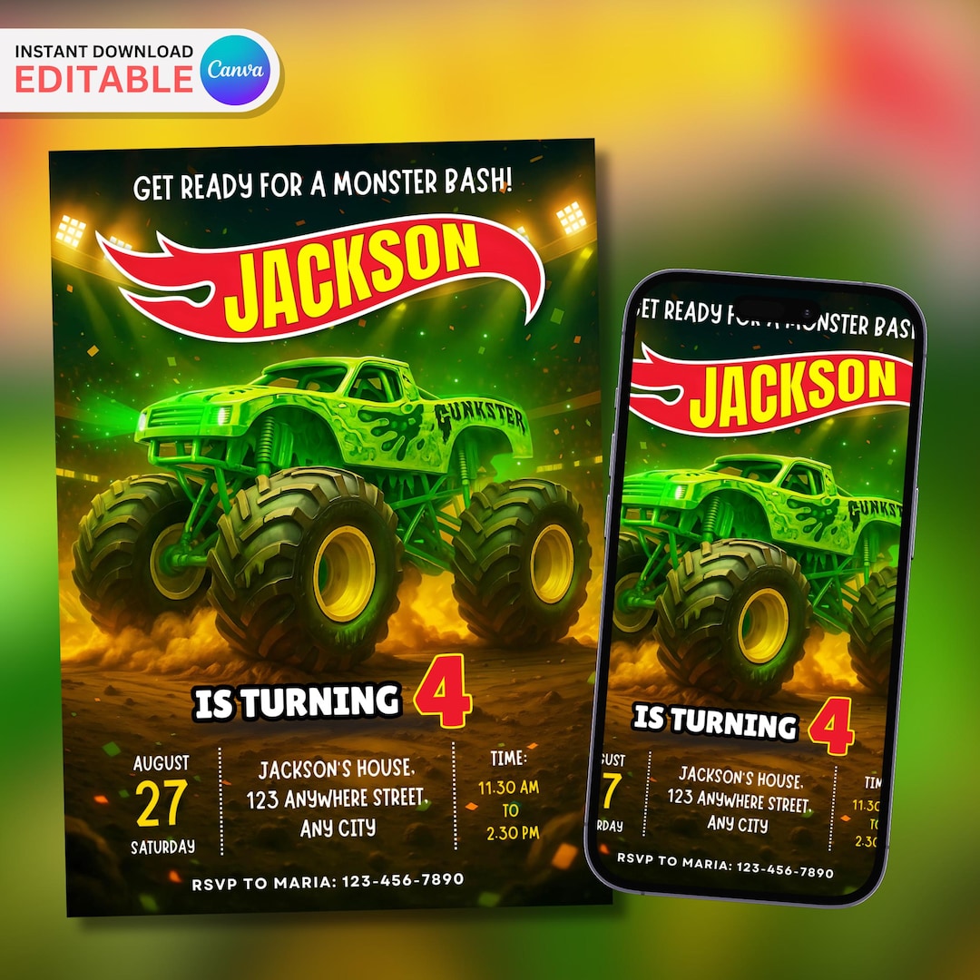 Hot Monster Truck Gunkster Birthday Invitation: Editable Green Slime ...