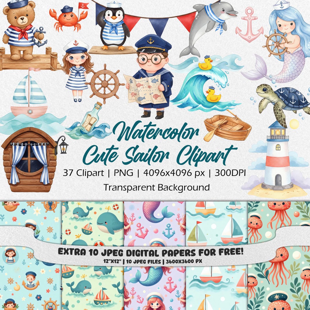 Watercolor Sailor Clipart – Hand Painted Nautical Illustrations, Cute ...