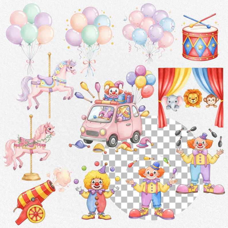 Watercolor Circus Clipart Set, Hand-painted Carnival PNG, Cute Circus ...