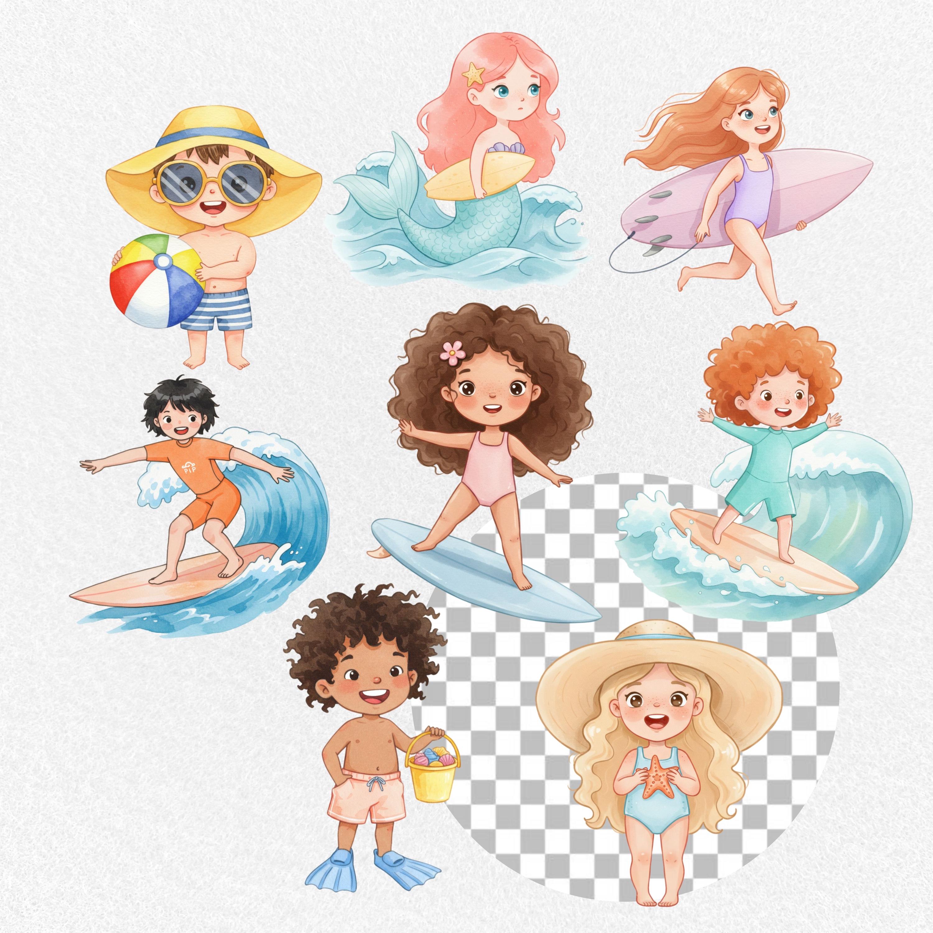 Watercolor Surf Beach Clipart – Hand Painted Ocean Waves PNG, Surfboard ...