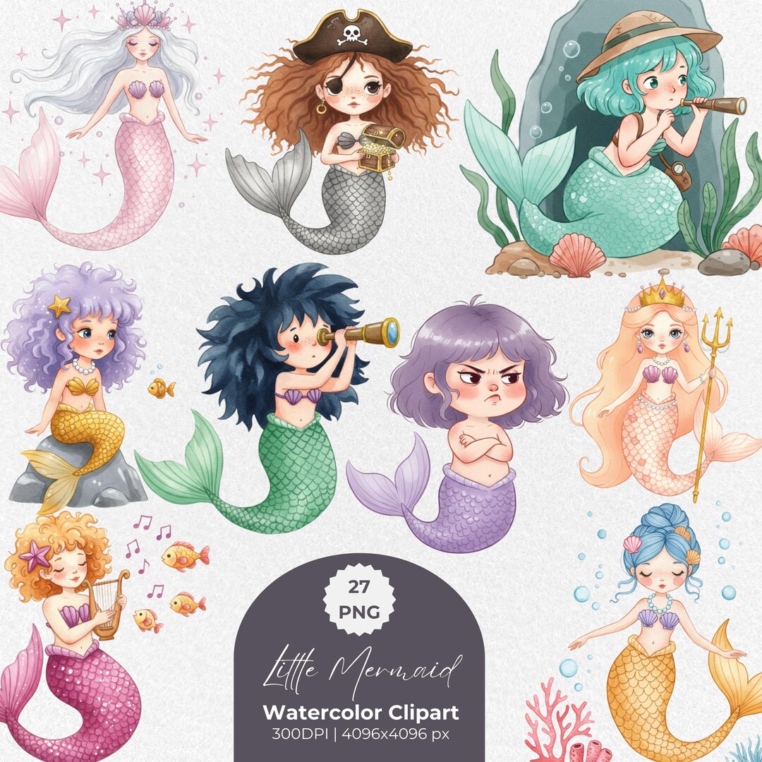 Watercolor Little Mermaid Clipart – Hand Painted Mermaid PNG ...