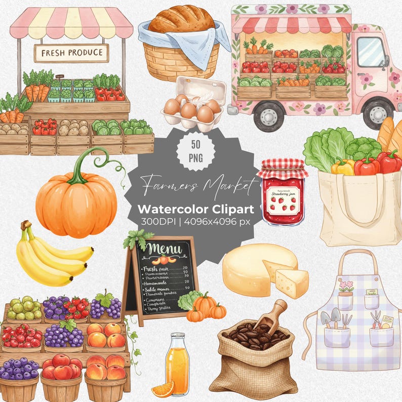 Watercolor Farmers Market Clipart – Hand Painted Fresh Produce PNG ...