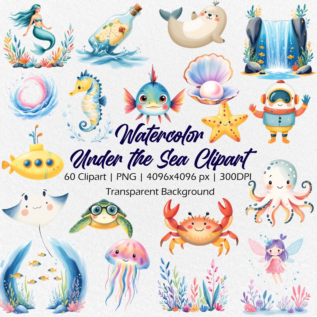 Watercolor Under the Sea Clipart – Ocean Animals PNG, Hand Painted ...