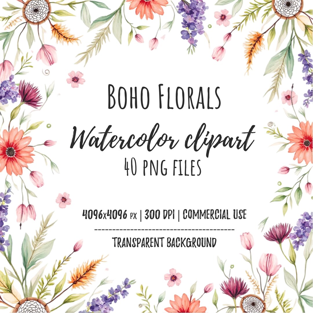 Watercolor Boho Flowers Clipart – Hand Painted Floral PNG, Bohemian ...