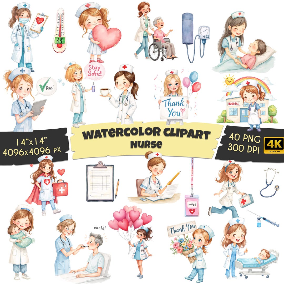 Watercolor Nurse Clipart, Set of 40, Medical Clipart, Nurse Elements ...