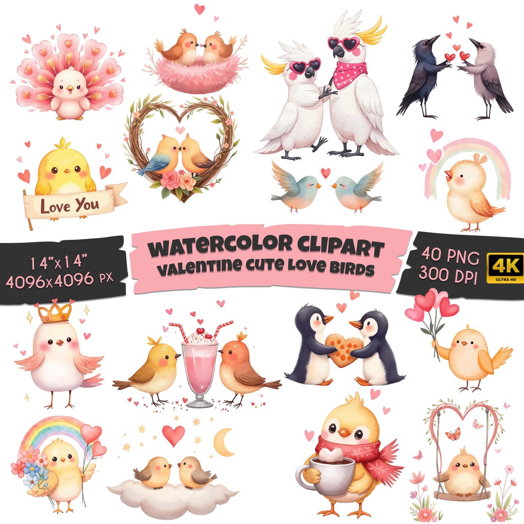 40 Watercolor Valentine Love Birds Clipart PNG, Colorful Watercolor ...