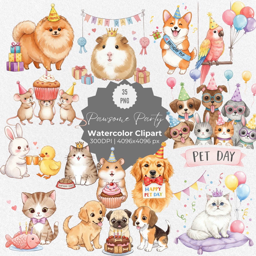 Watercolor Pawsome Party Clipart, Funny Dogs Birthday Animals PNG, Cute ...