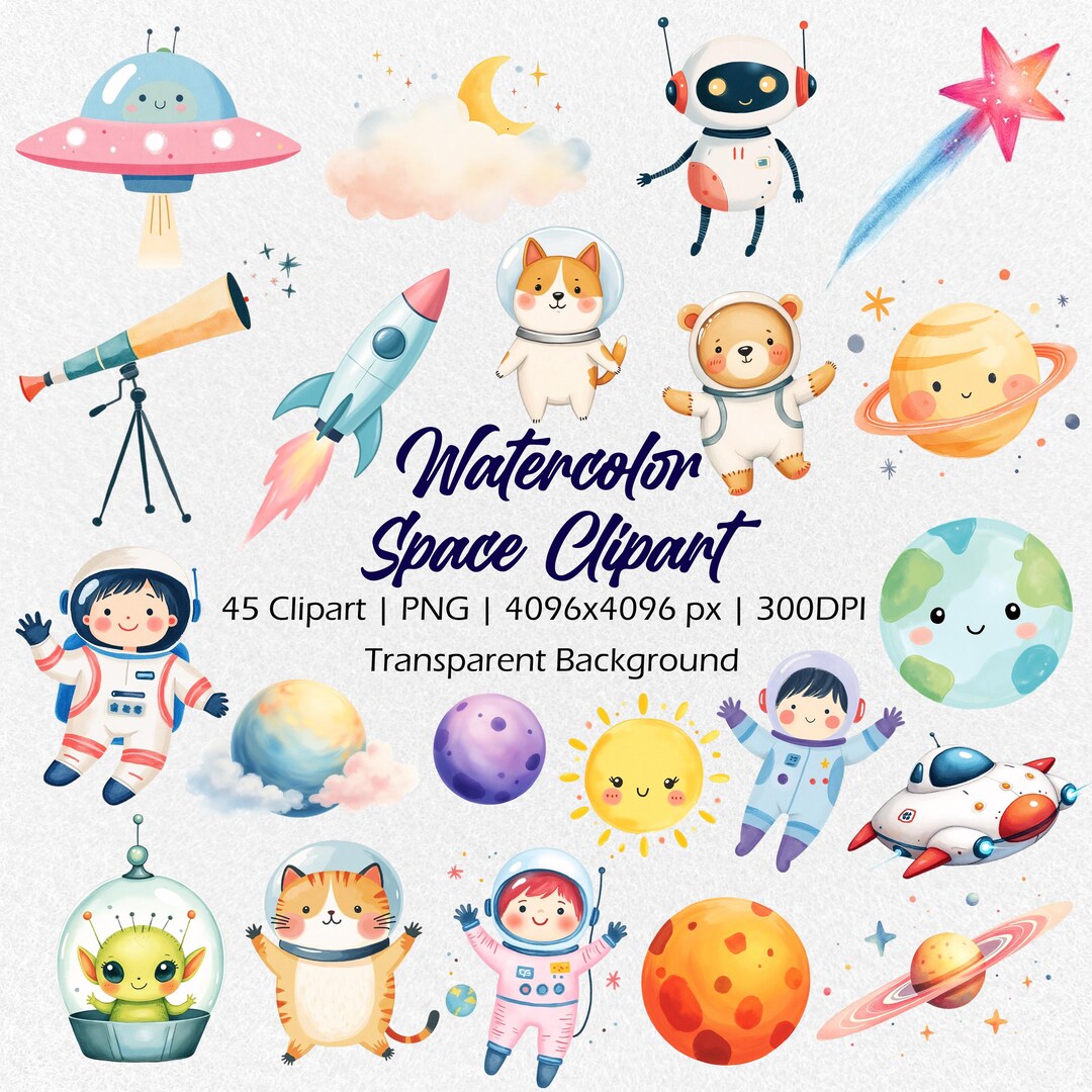 Space Watercolor Clipart, Cute Astronauts PNG, Planets Clip Art, Alien ...