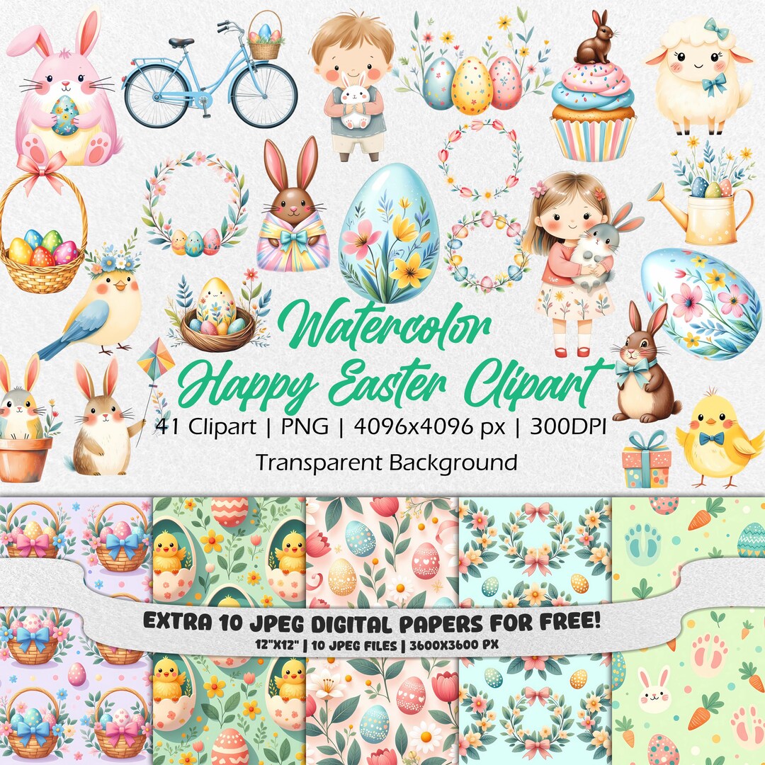 Watercolor Easter Clipart, Happy Easter Digital Paper Set, Spring ...