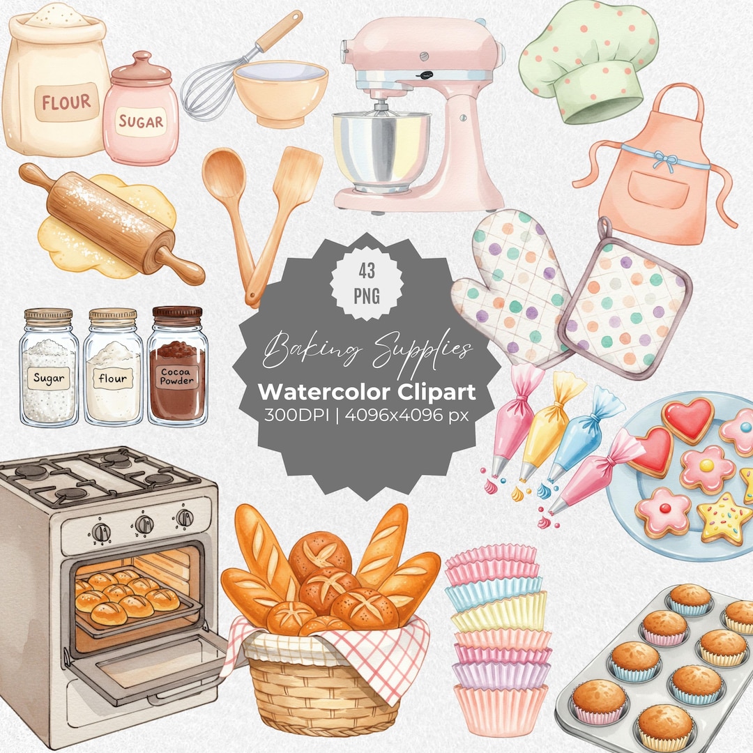 Watercolor Baking Supplies Clipart – Hand Painted Kitchen Utensils PNG ...