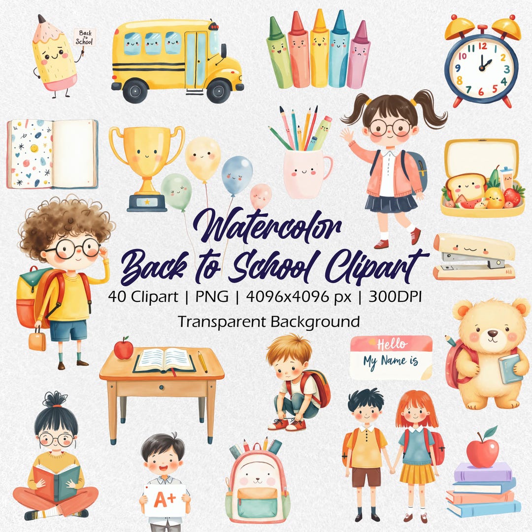 Watercolor Back to School Clipart School Supply Teacher Clipart PNG ...