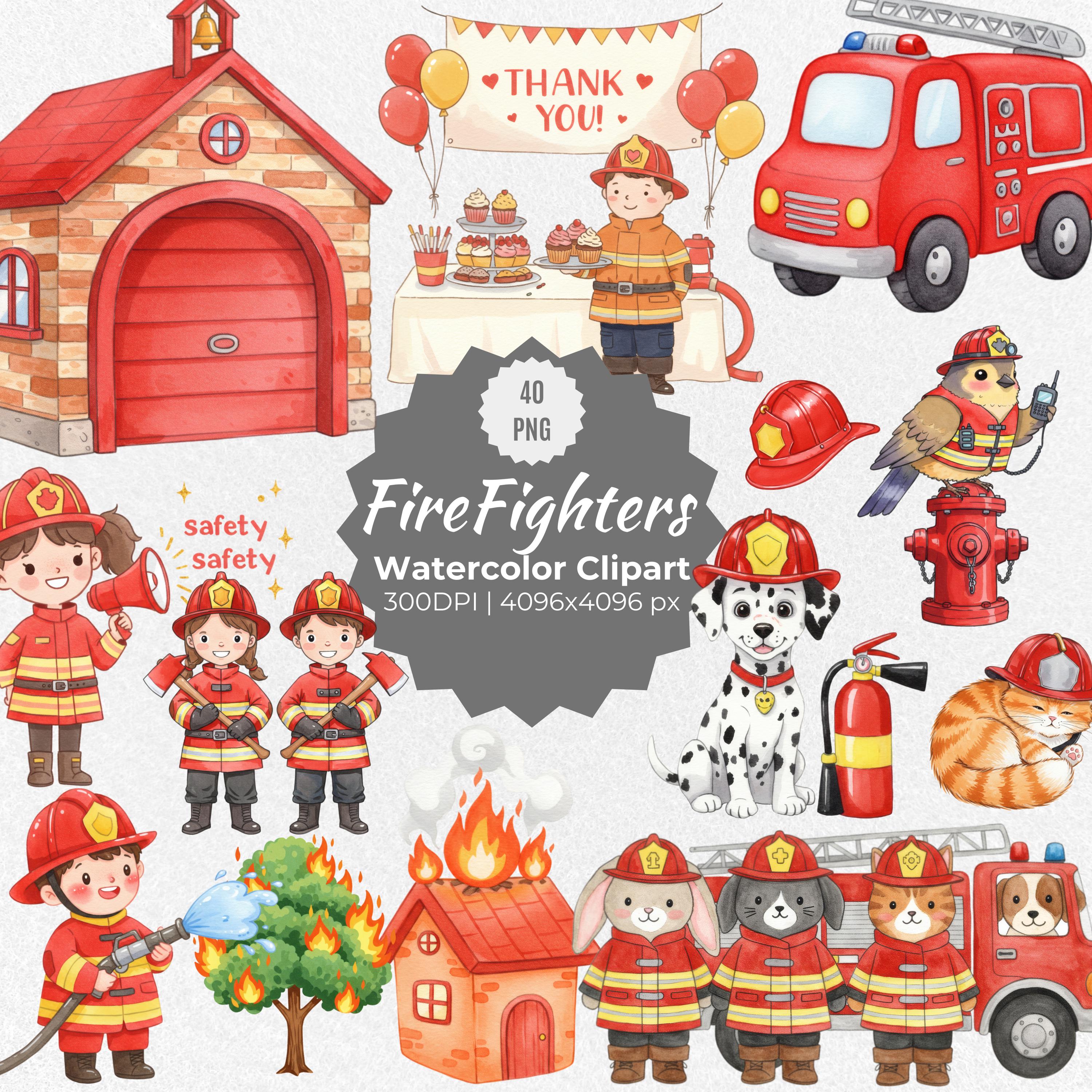 Watercolor Firefighters Clipart, Fire Truck PNG, Hand-painted Fireman ...