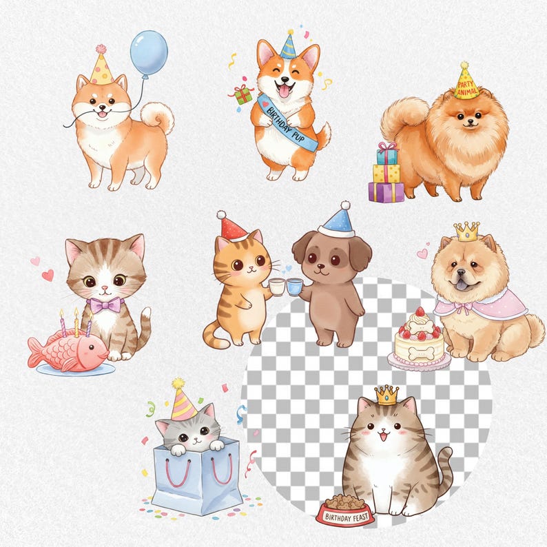 Watercolor Pawsome Party Clipart, Funny Dogs Birthday Animals PNG, Cute ...