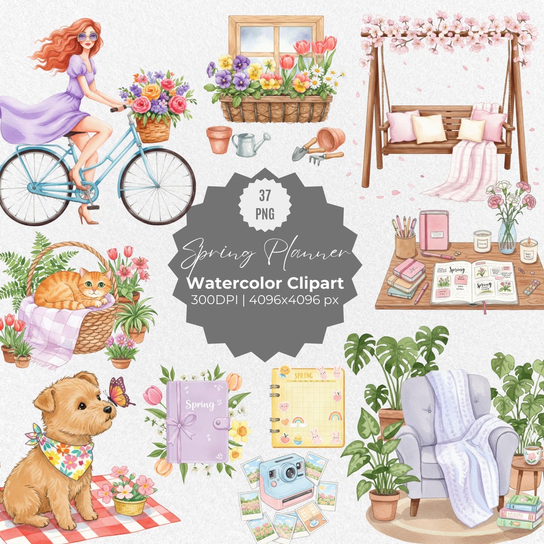 Watercolor Spring Planner Clipart, Junk Journal Stickers PNG, Cute ...