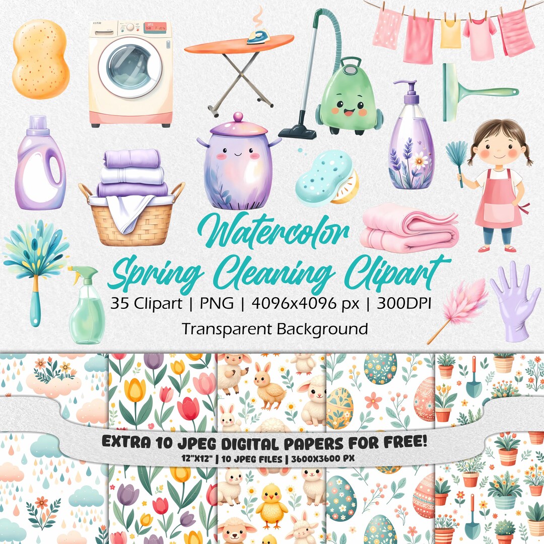 Watercolor Spring Cleaning Clipart – Hand Painted Cleaning Supplies PNG ...