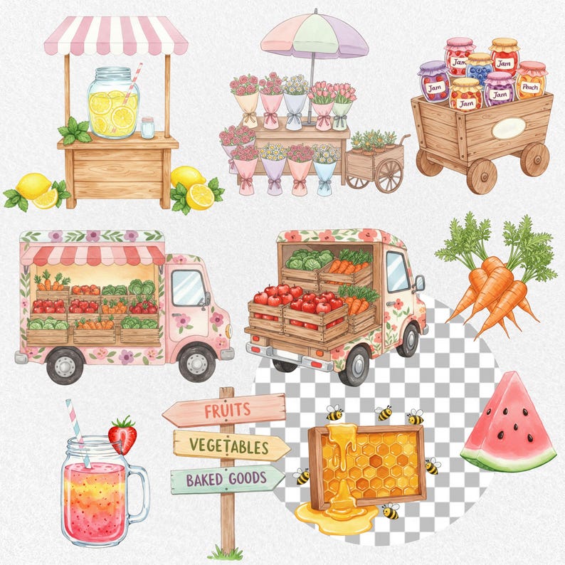 Watercolor Farmers Market Clipart – Hand Painted Fresh Produce PNG ...