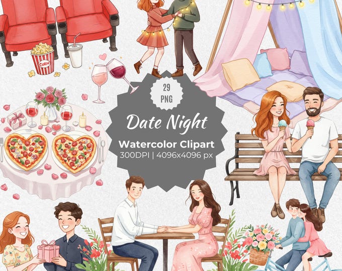 Date Night Digital Clipart Bundle | 56 PNG Cozy Movie Night ...