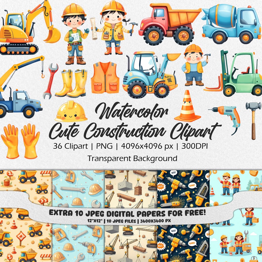 Watercolor Construction Clipart, Construction Vehicles, Construction ...
