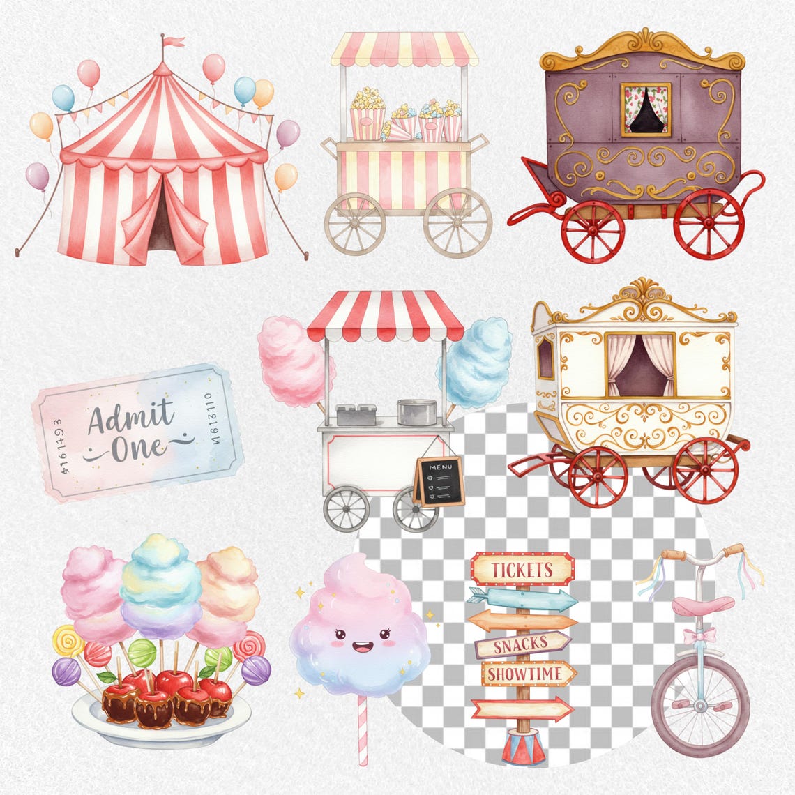 Watercolor Circus Clipart Set, Hand-painted Carnival PNG, Cute Circus ...