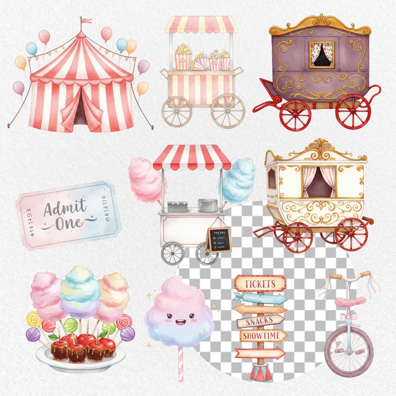 Watercolor Circus Clipart Set, Hand-painted Carnival PNG, Cute Circus ...