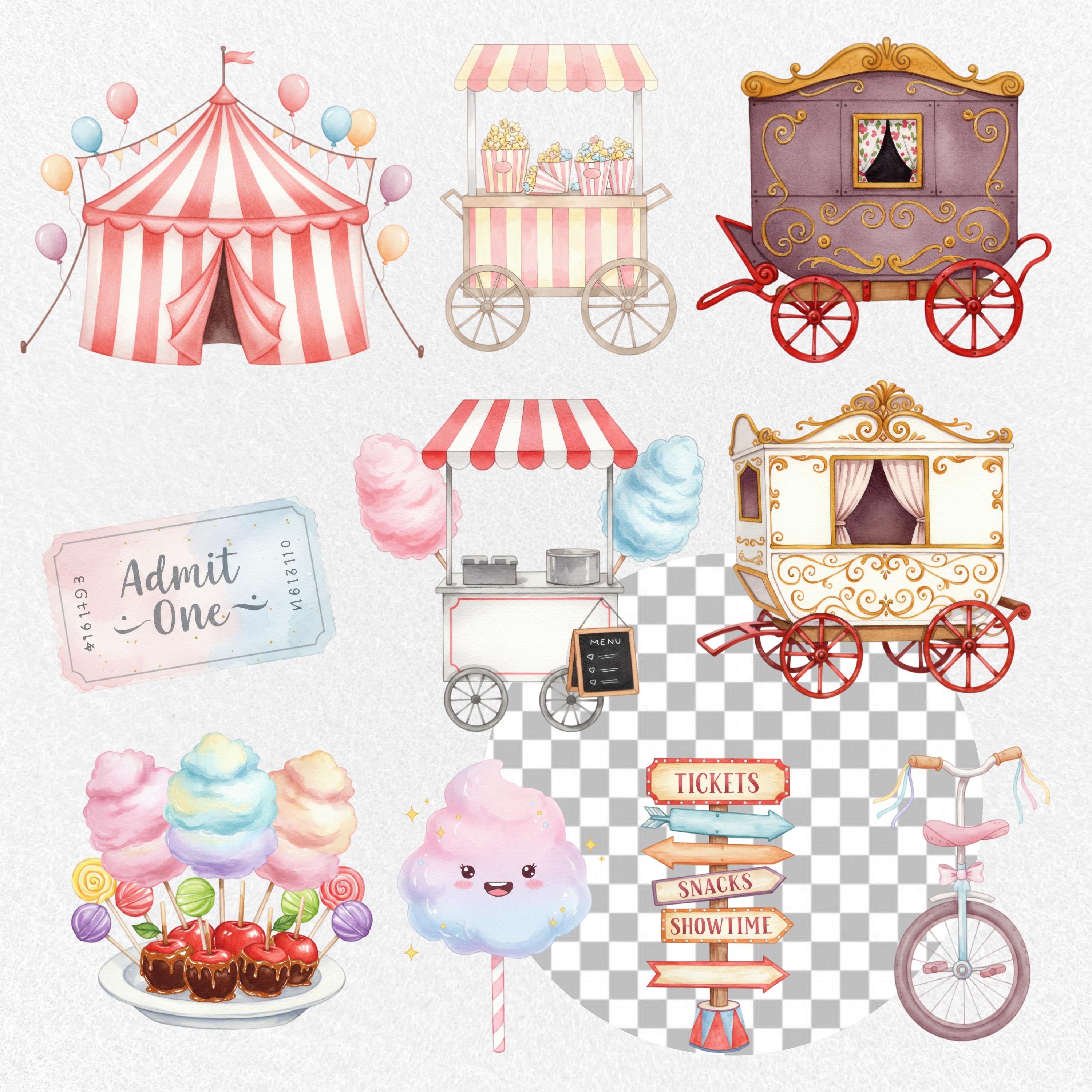 Watercolor Circus Clipart Set, Hand-painted Carnival PNG, Cute Circus ...