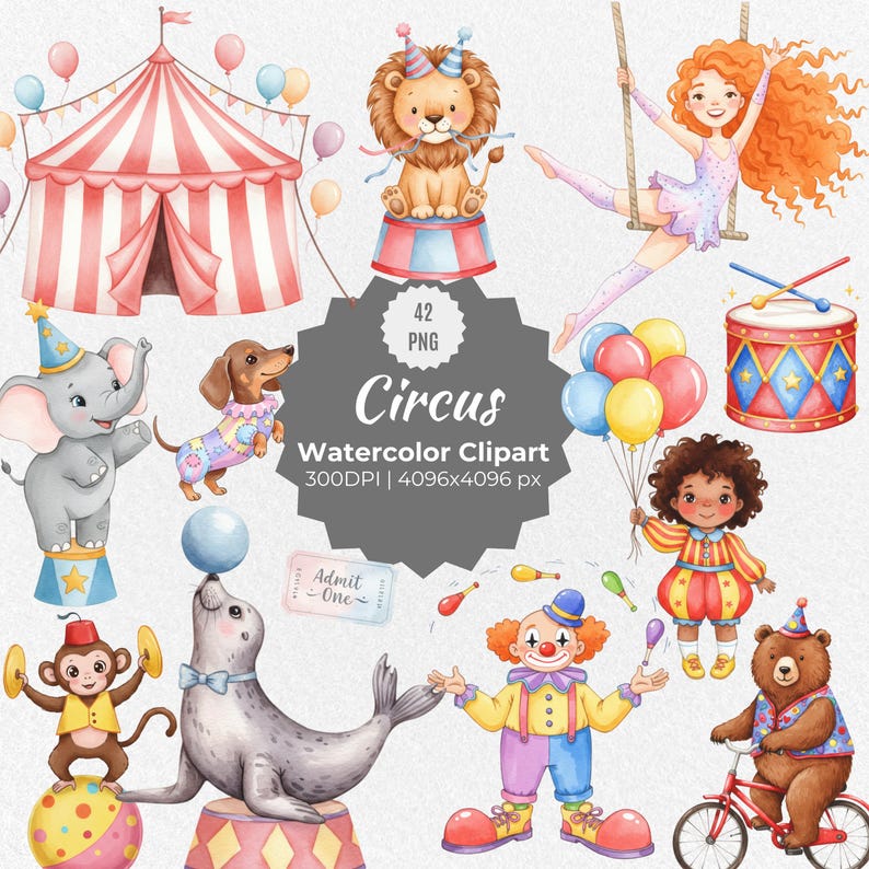 Watercolor Circus Clipart Set, Hand-painted Carnival PNG, Cute Circus ...