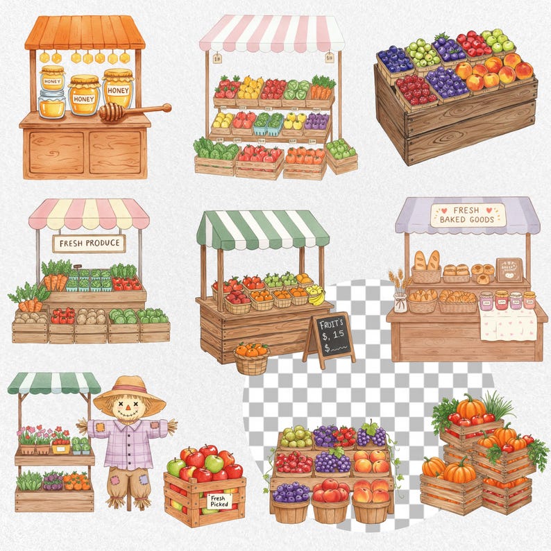 Watercolor Farmers Market Clipart – Hand Painted Fresh Produce PNG ...