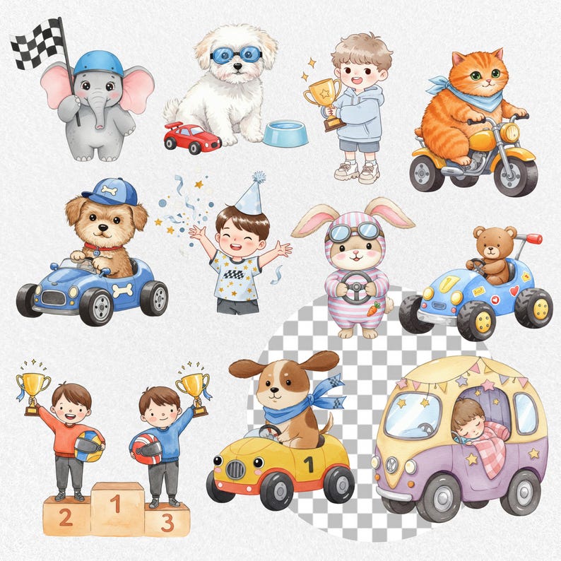 Watercolor Little Racer Clipart Set, Cute Race Car Birthday PNG, Hand ...