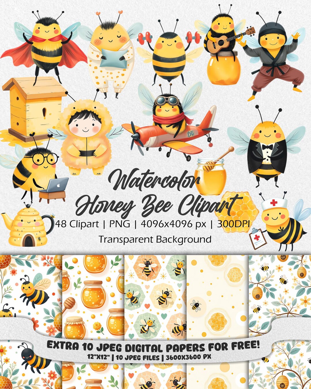 Watercolor Honey Bee Clipart – Hand Painted Bee Illustrations, Cute ...
