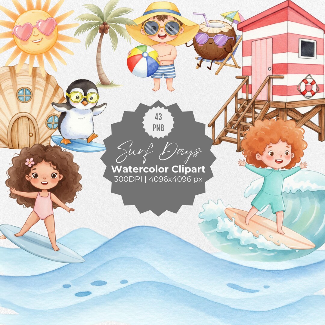 Watercolor Surf Beach Clipart – Hand Painted Ocean Waves PNG, Surfboard ...