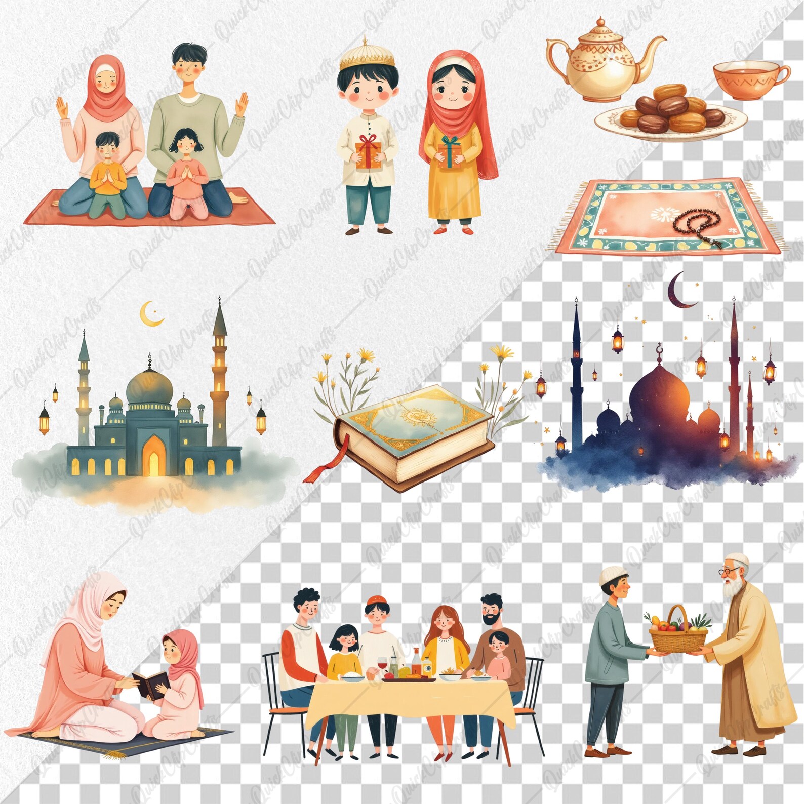 Watercolor Ramadan Kareem Clipart, 50 Printable Islamic Illustrations ...