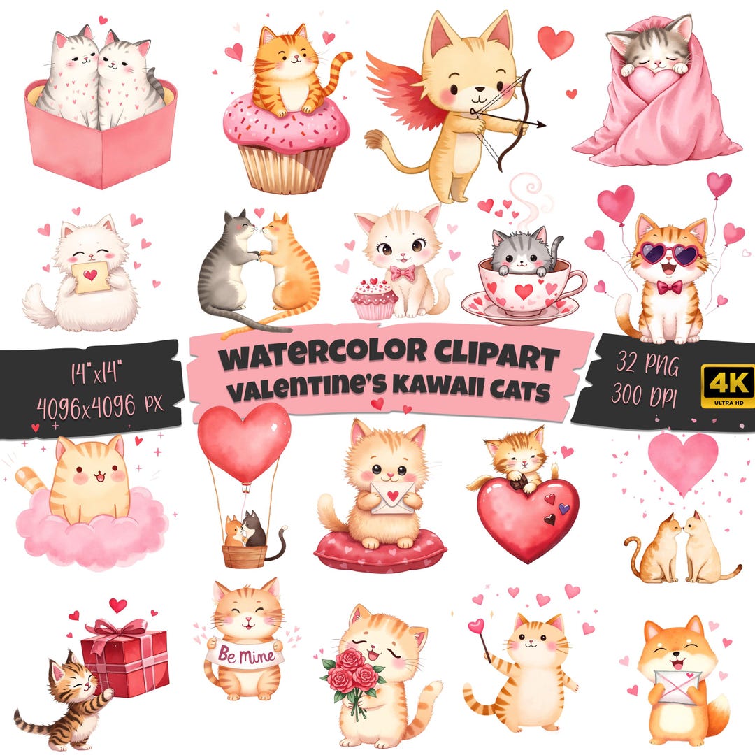 32 Watercolor Cute Valentine Cat Clipart, Kawaii Cats PNG, Kitten ...