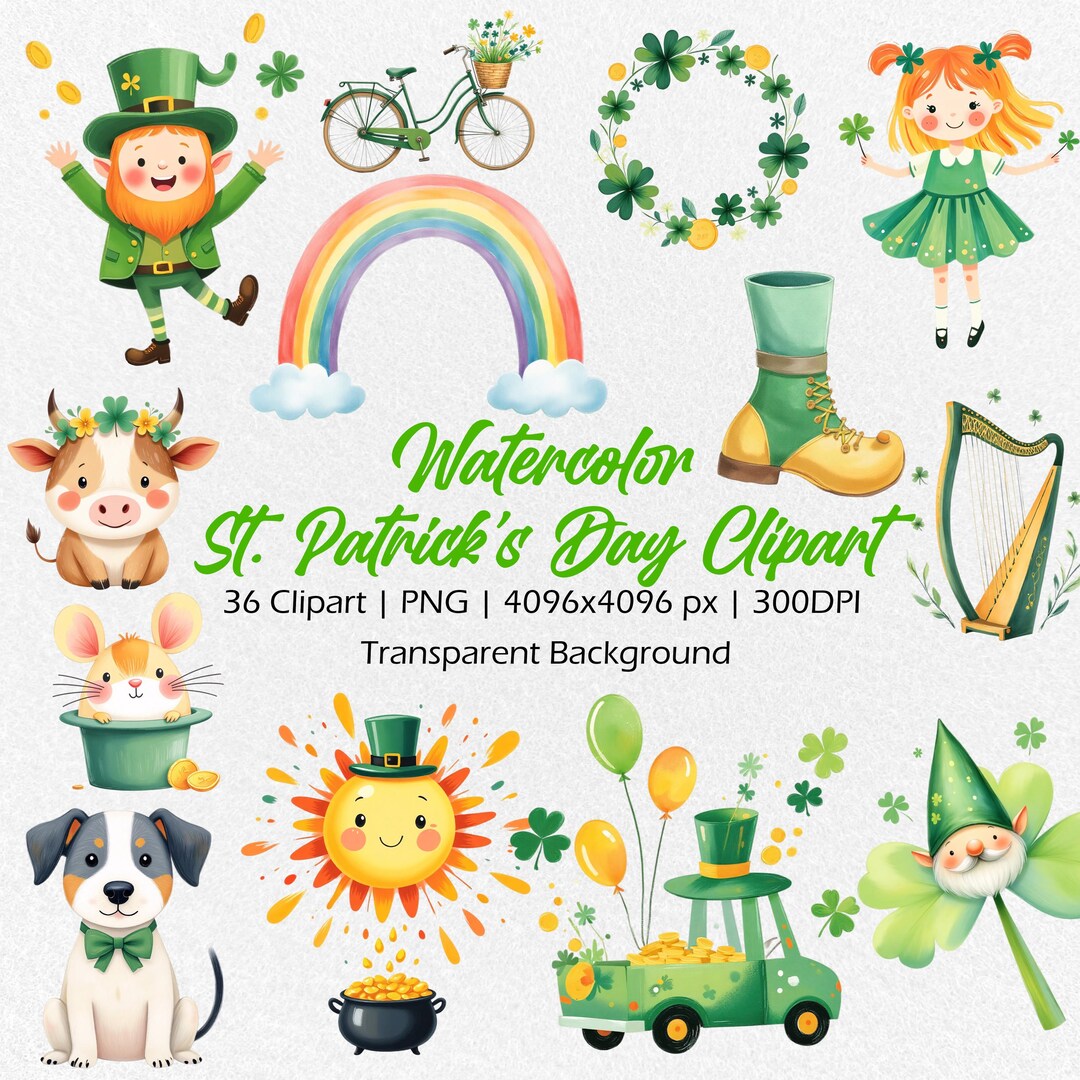 St Patricks Day Clipart, Watercolor Lucky Clover PNG, Cottagecore ...